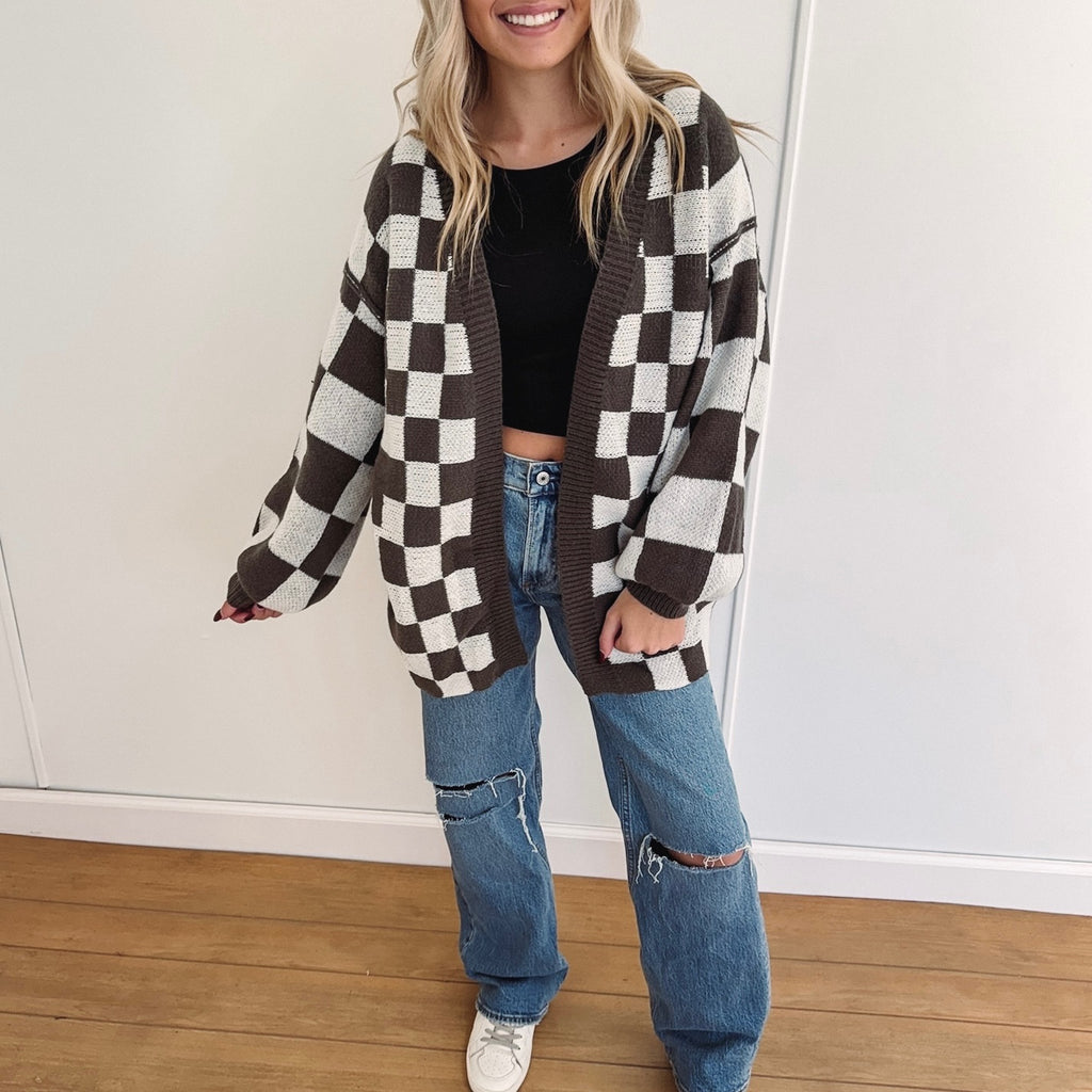 Blaire Oversized Checkered Cardigan - Charcoal – Indie Collection